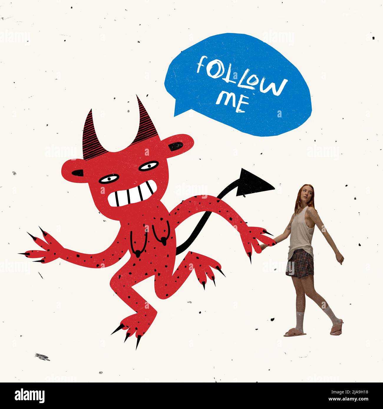 Contemporary art collage. Conceptual image of young girl blindly ...