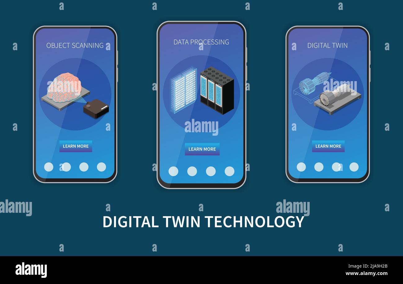 Isometric digital twin technology mobile banners set with 3d turbine engine object scanning and ...