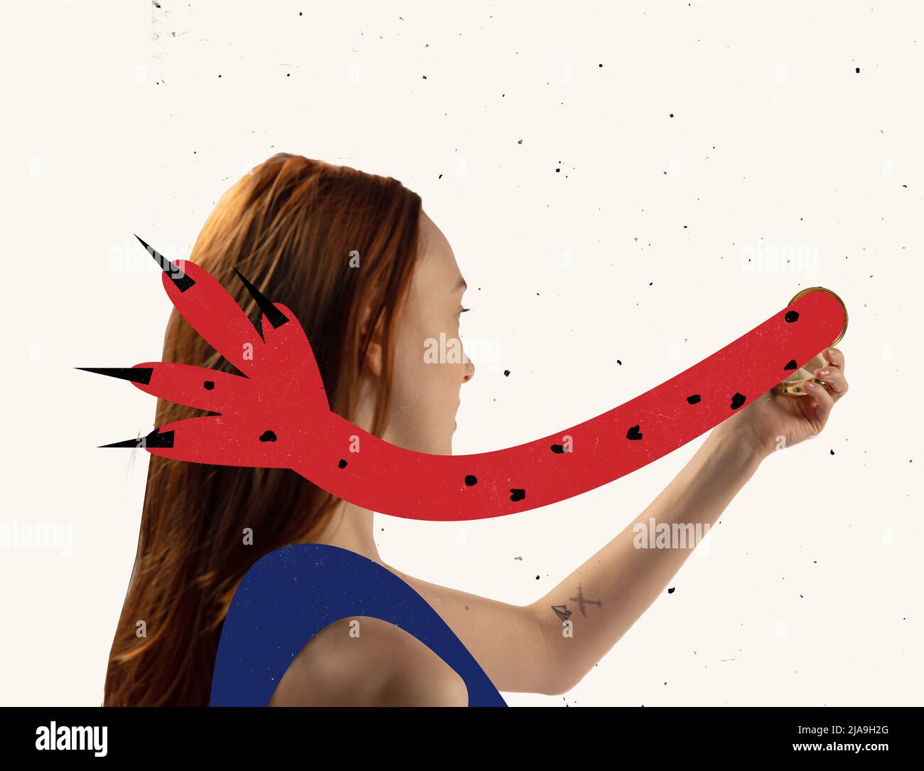 Contemporary art collage. Conceptual image of young girl looking in ...