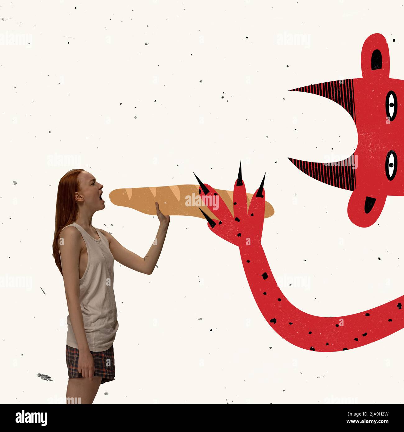 Contemporary art collage. Conceptual image of eating disorders. Monster ...