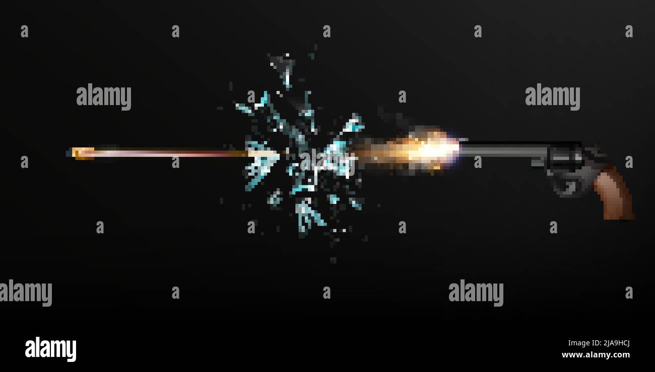 Pistol shot flash with bullet in motion breaking glass on black ...