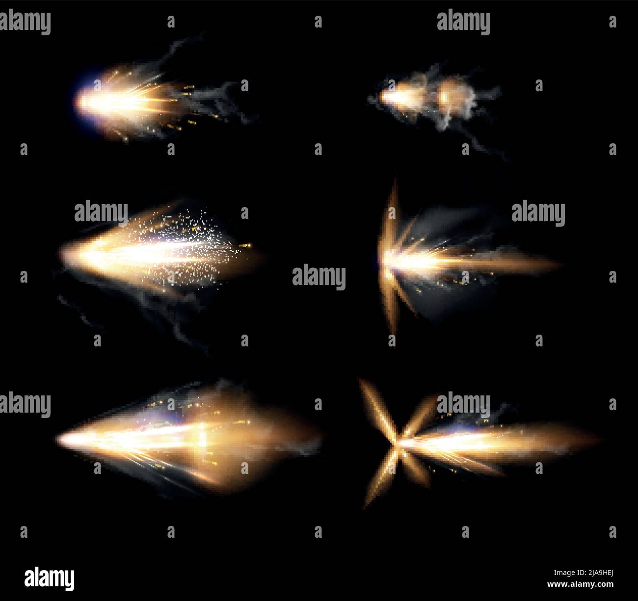 Realistic set of gun flashes with fire sparkles and smoke isolated on ...