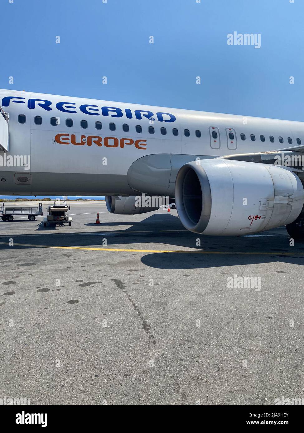 Heraklion, Greece 21 May 2022, The brand logo of the airline "Freebird ...