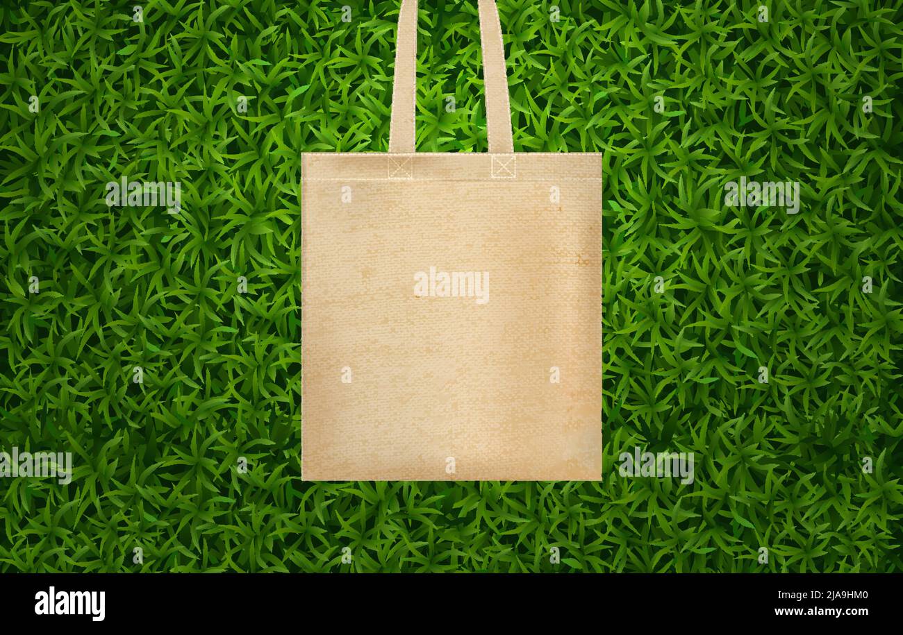 Realistic hands bag green grass composition a beige rag bag lies on the ...
