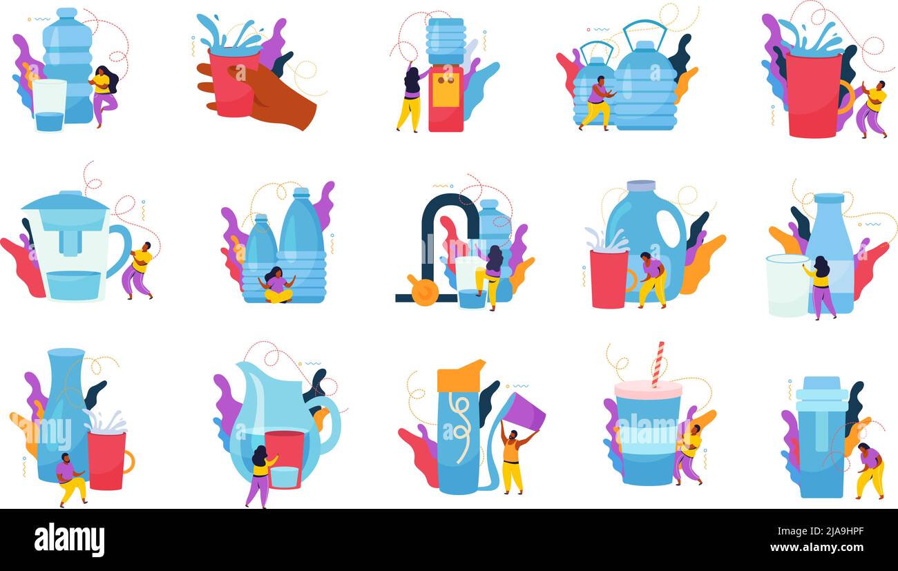 Drink water flat icon set clean drinking water in bottles of different ...