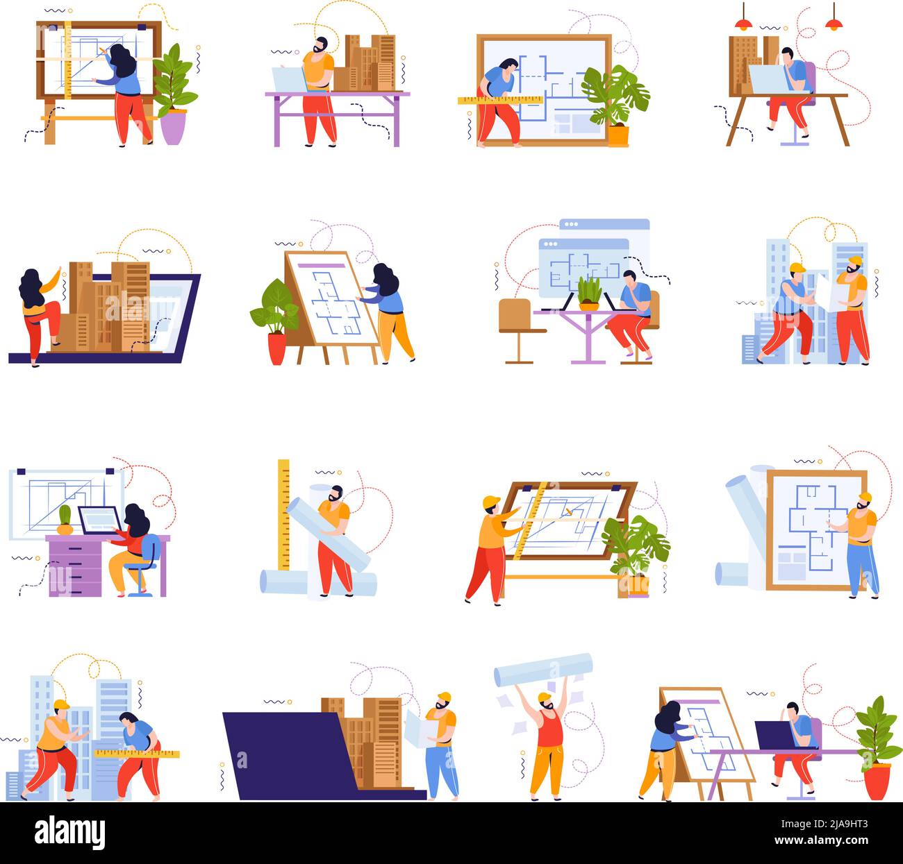 Architect flat icon set female and male architects working behind their ...