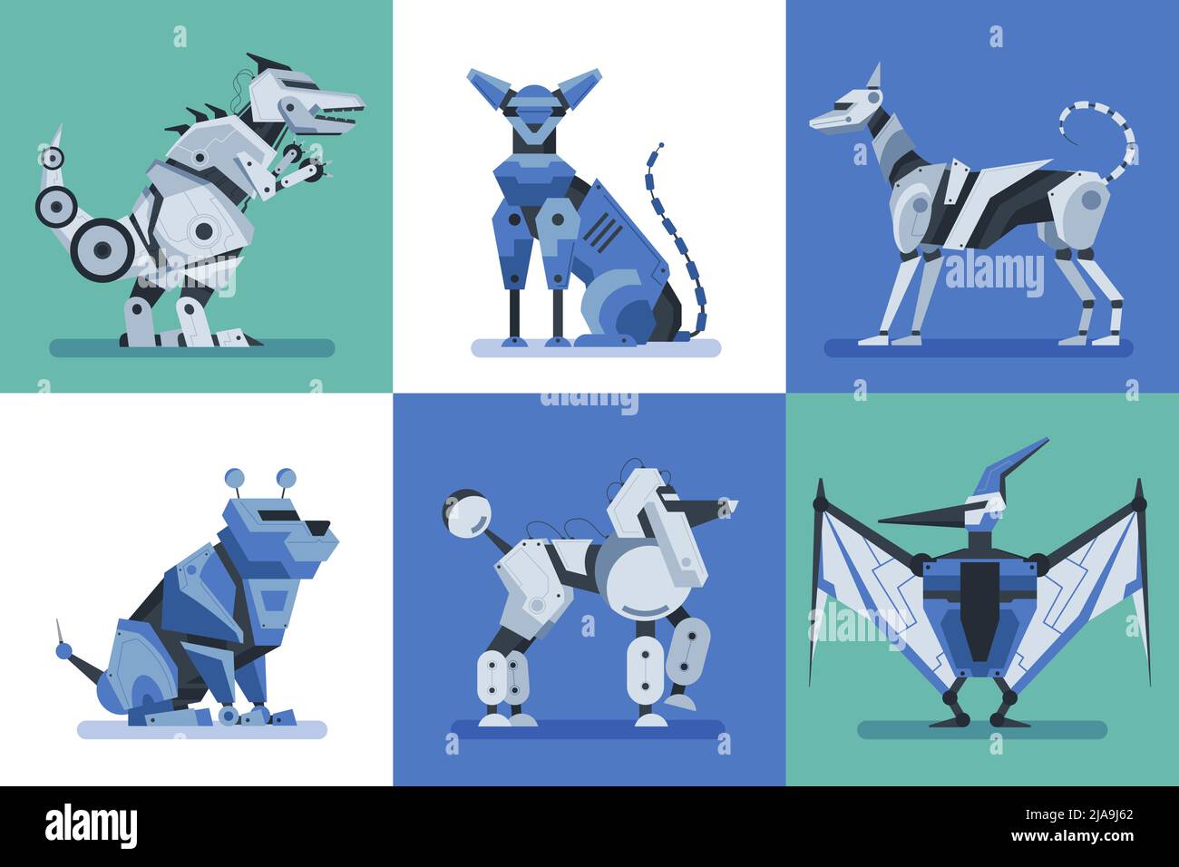Robot toy animal square compositions set with images of pet and bird ...