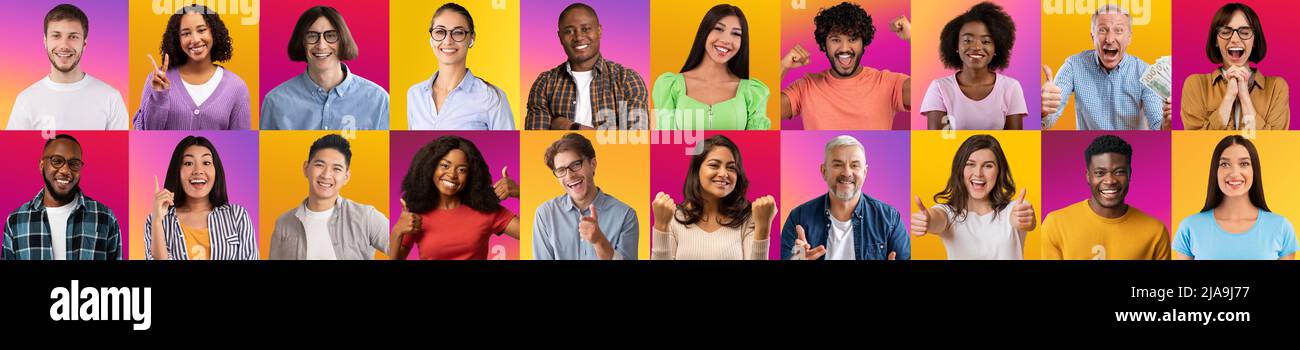 Happy Emotions. Set Of Cheerful Multiethnic People's Portraits Over ...