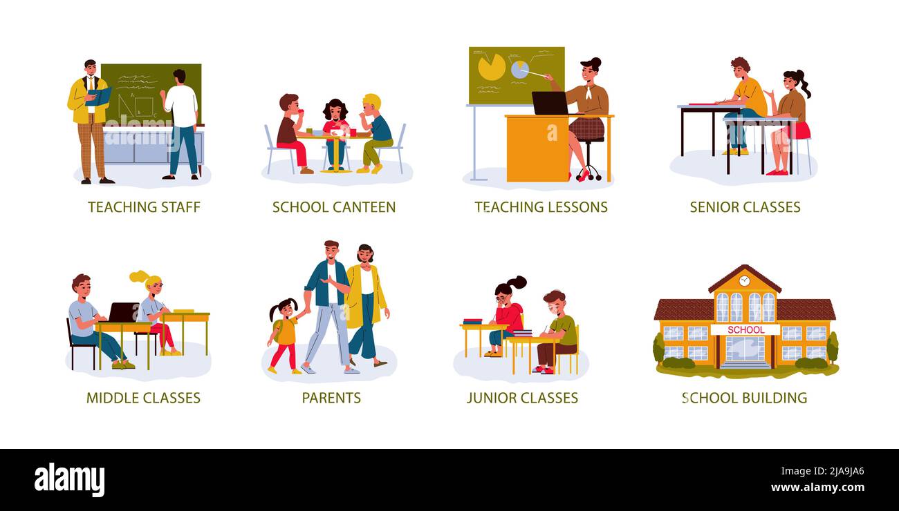 School and study composition set with junior and middle classes symbols ...
