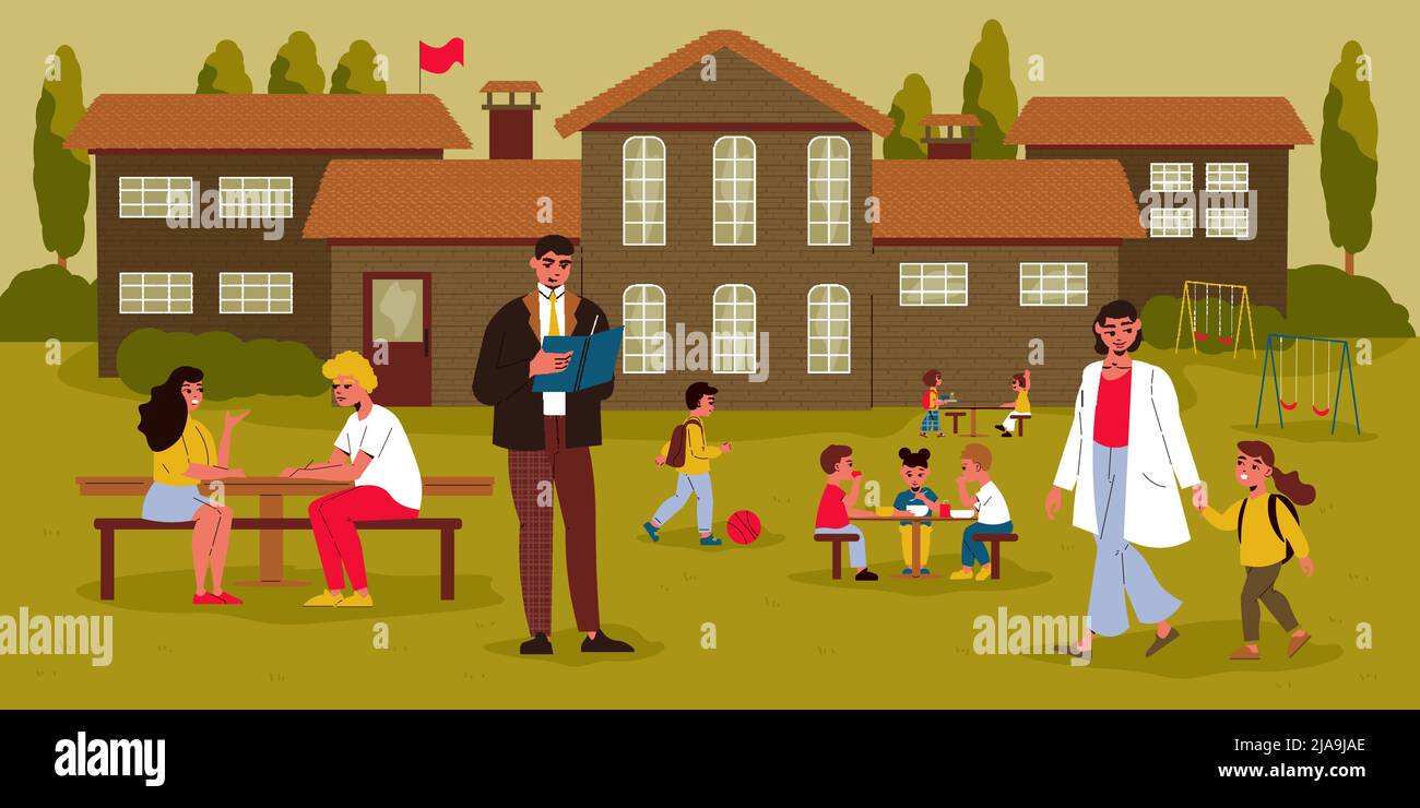 School building and study background with education symbols flat vector ...