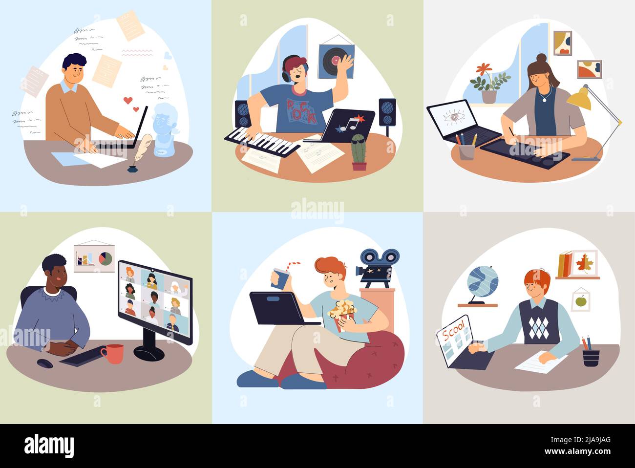 Computer people set of square compositions with doodle human characters ...