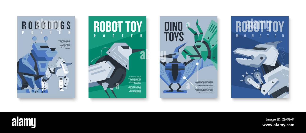 Set of four isolated vertical robot toy animal posters with editable ...