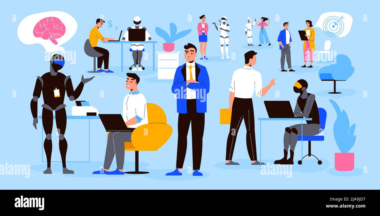 Artificial intelligence horizontal set with business teamwork and robot help symbols flat ...