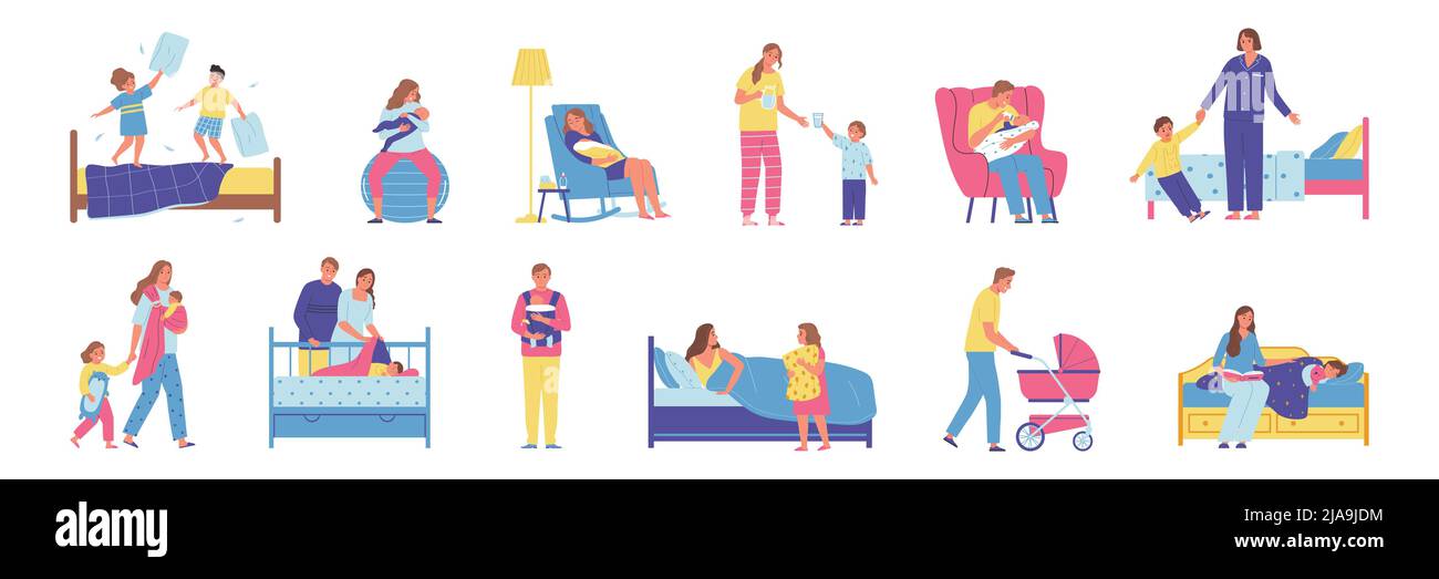 Children sleep flat set with parents and babies in different situations ...