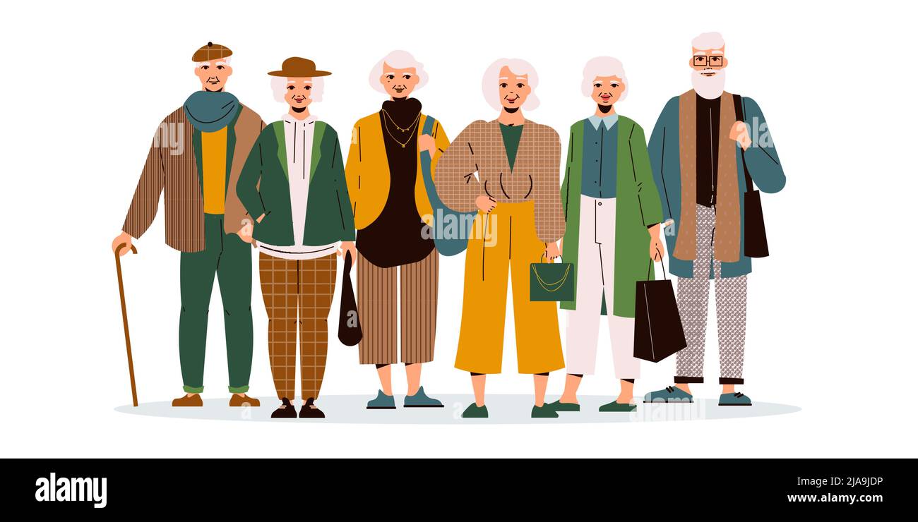 Senior modern fashion concept with coat and jacket outfit flat vector ...
