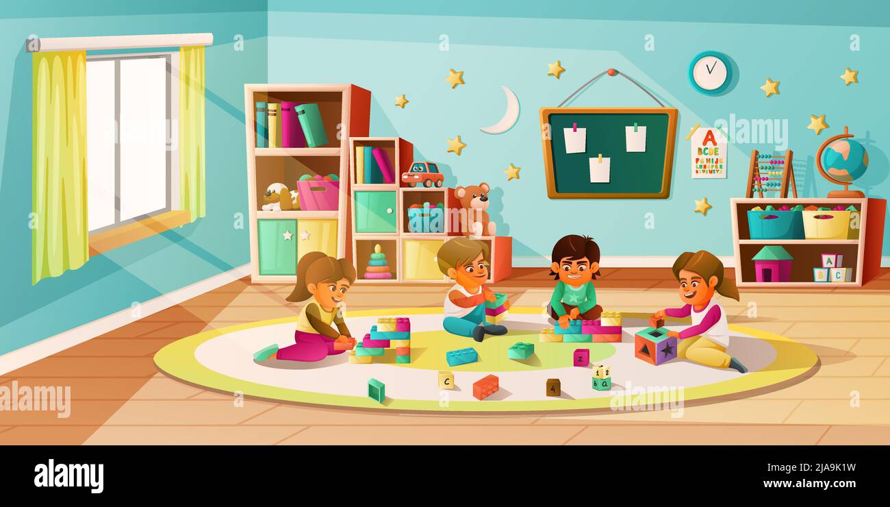 Kindergarten cartoon background with children play together with cubes ...