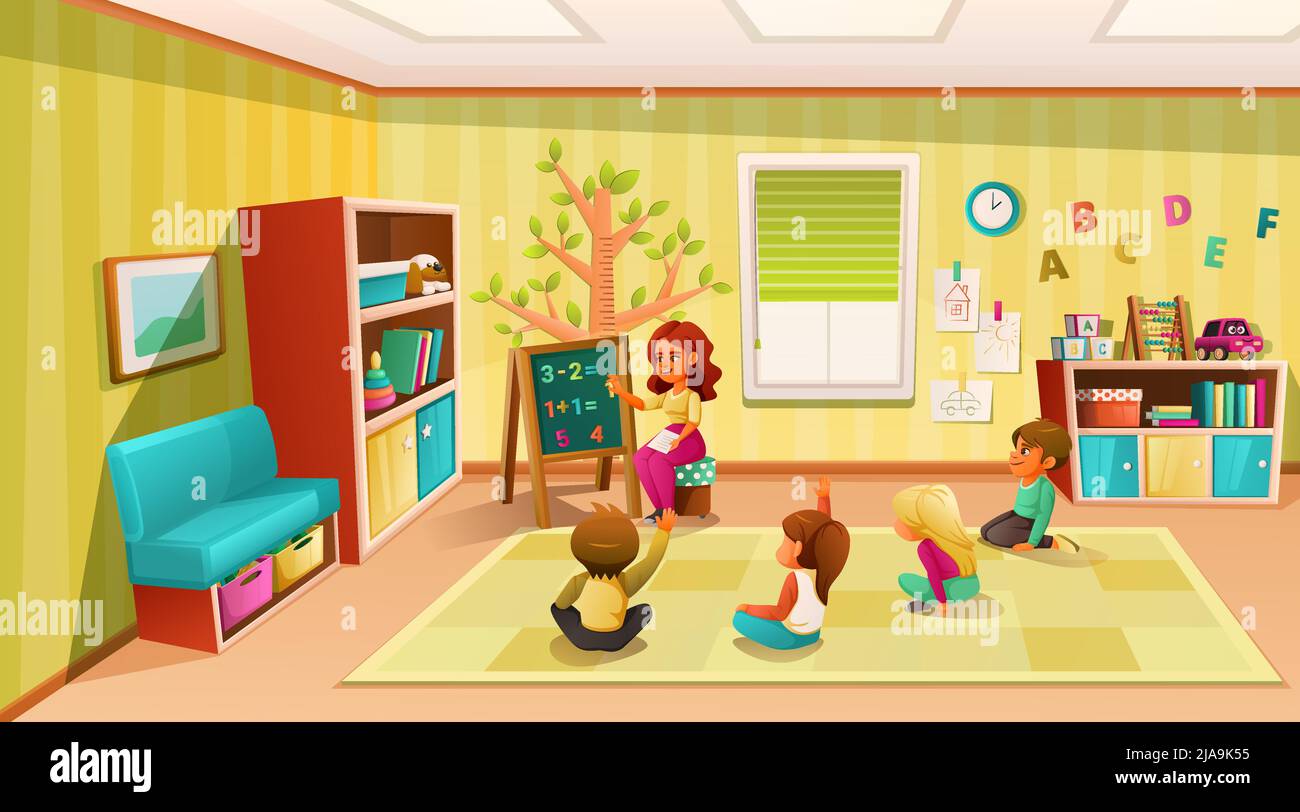 Kindergarten classroom with teacher and children engaged in educational ...