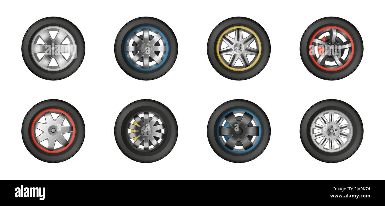 Front view of car wheels with various disks realistic set on white ...