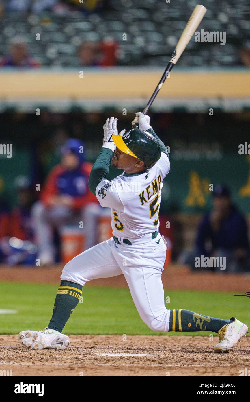 Oakland Athletics second baseman Tony Kemp (5) swings at a pitch during ...