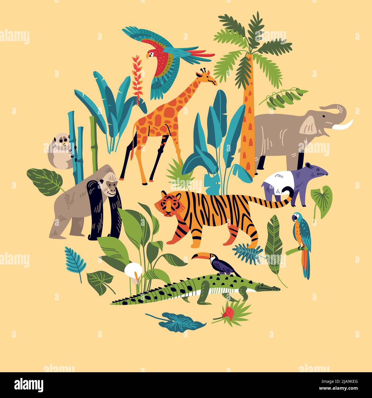 Jungle circle composition with isolated images of exotic plants leaves ...