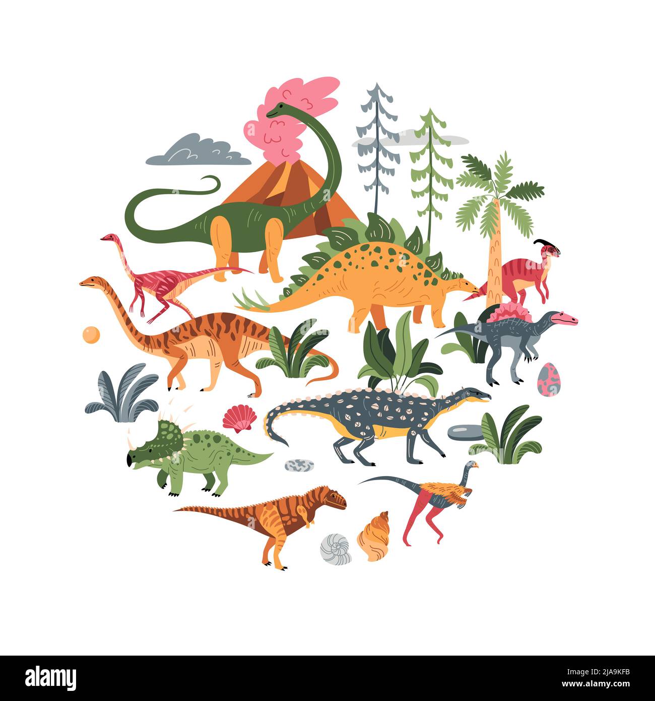 Dinosaurs circle composition of isolated dino icons with eggs ancient ...