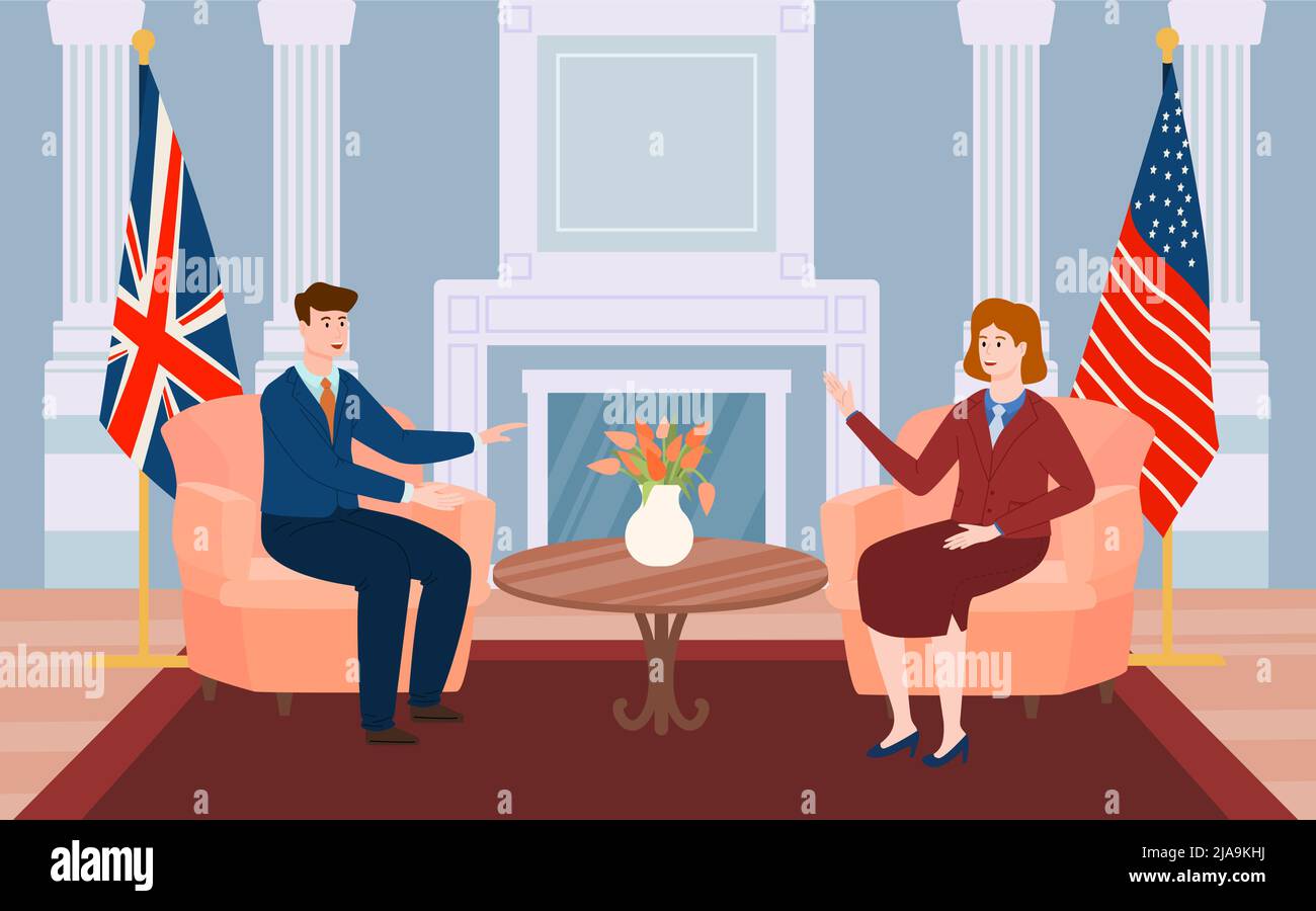 Two politicians talking at official meeting in room with british and ...