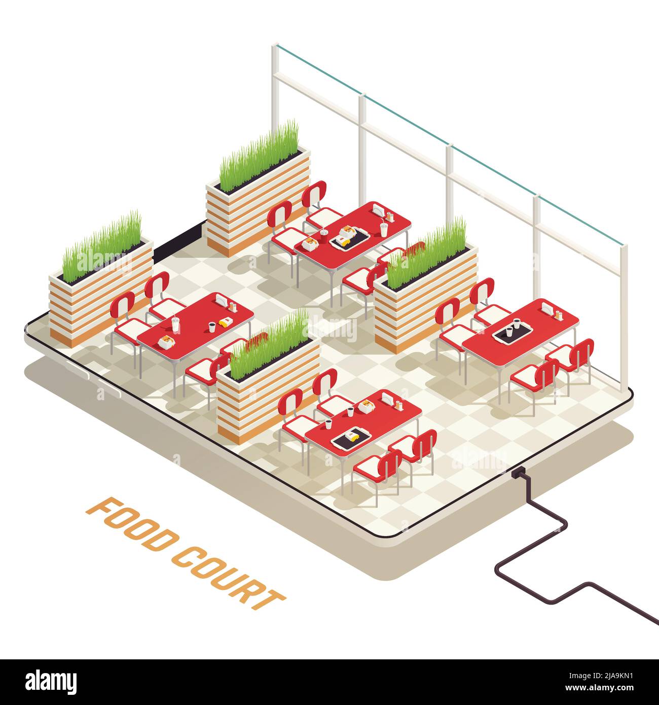 Food court isometric concept abstract 3d composition on tablet with ...