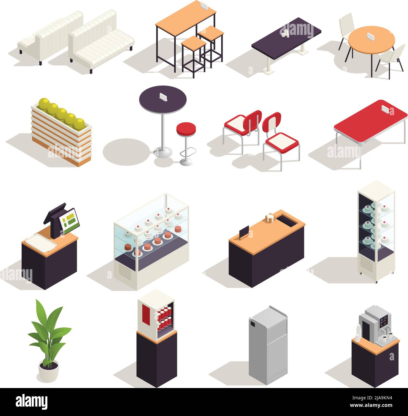 Food court elements isometric icon set counters showcases tables with ...