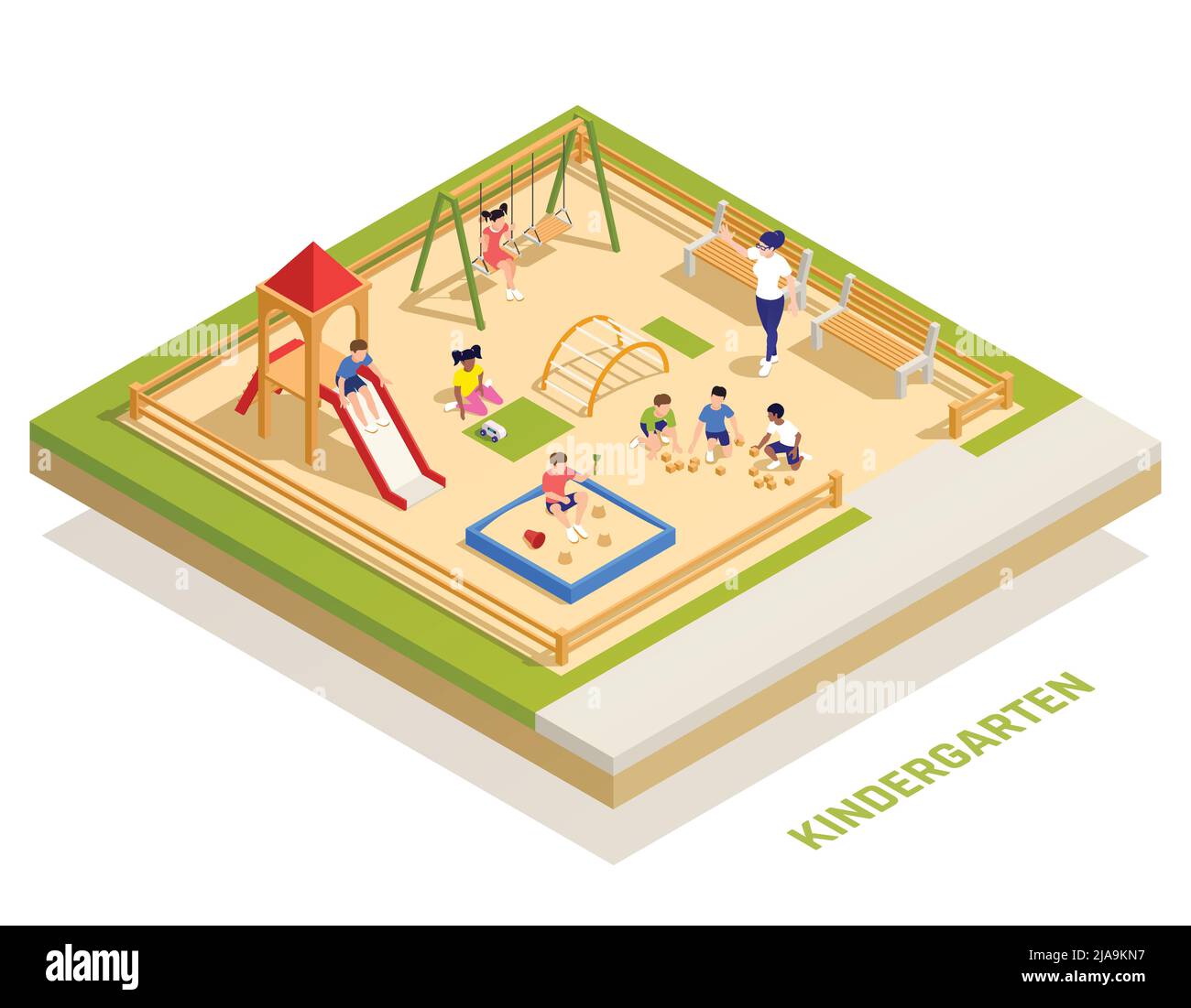 Isometric kindergarten composition with children play in the sandbox ...