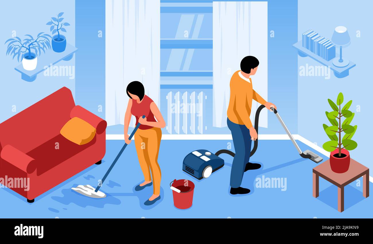 Isometric cleaning home horizontal composition with room interior man ...