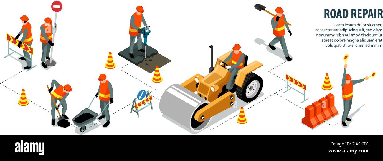 Isometric road repair infographics with editable text and characters of ...