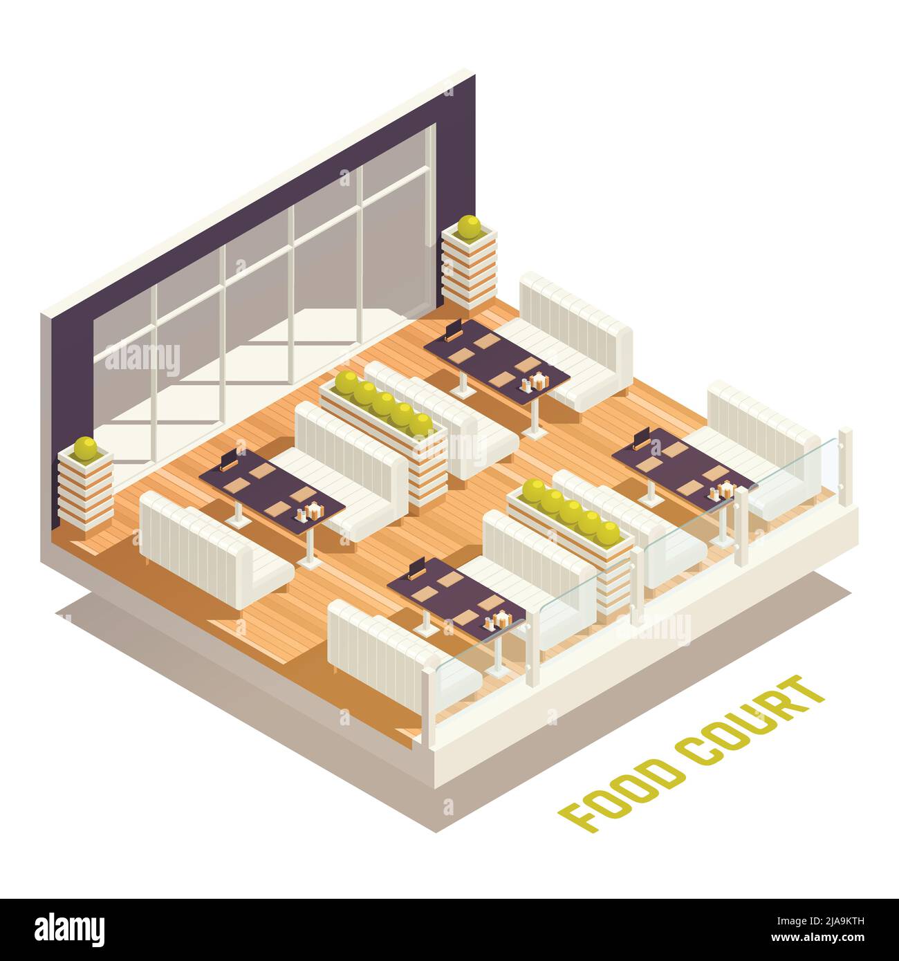 Food court isometric colored concept four tables and sofas for them and ...