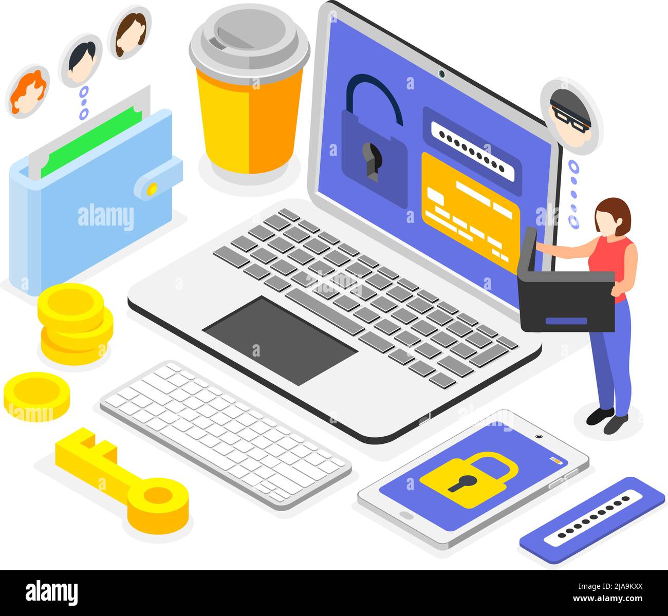 Banks scammers isometric composition with small human characters and ...