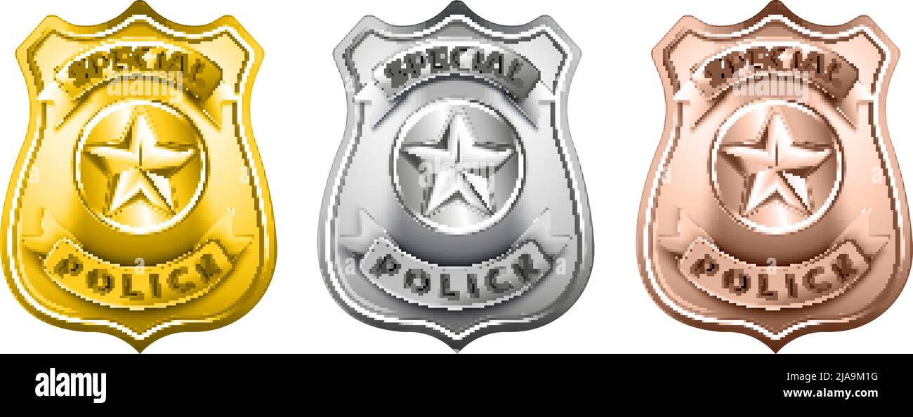 Police badge in hand realistic set with three isolated metal shields of ...