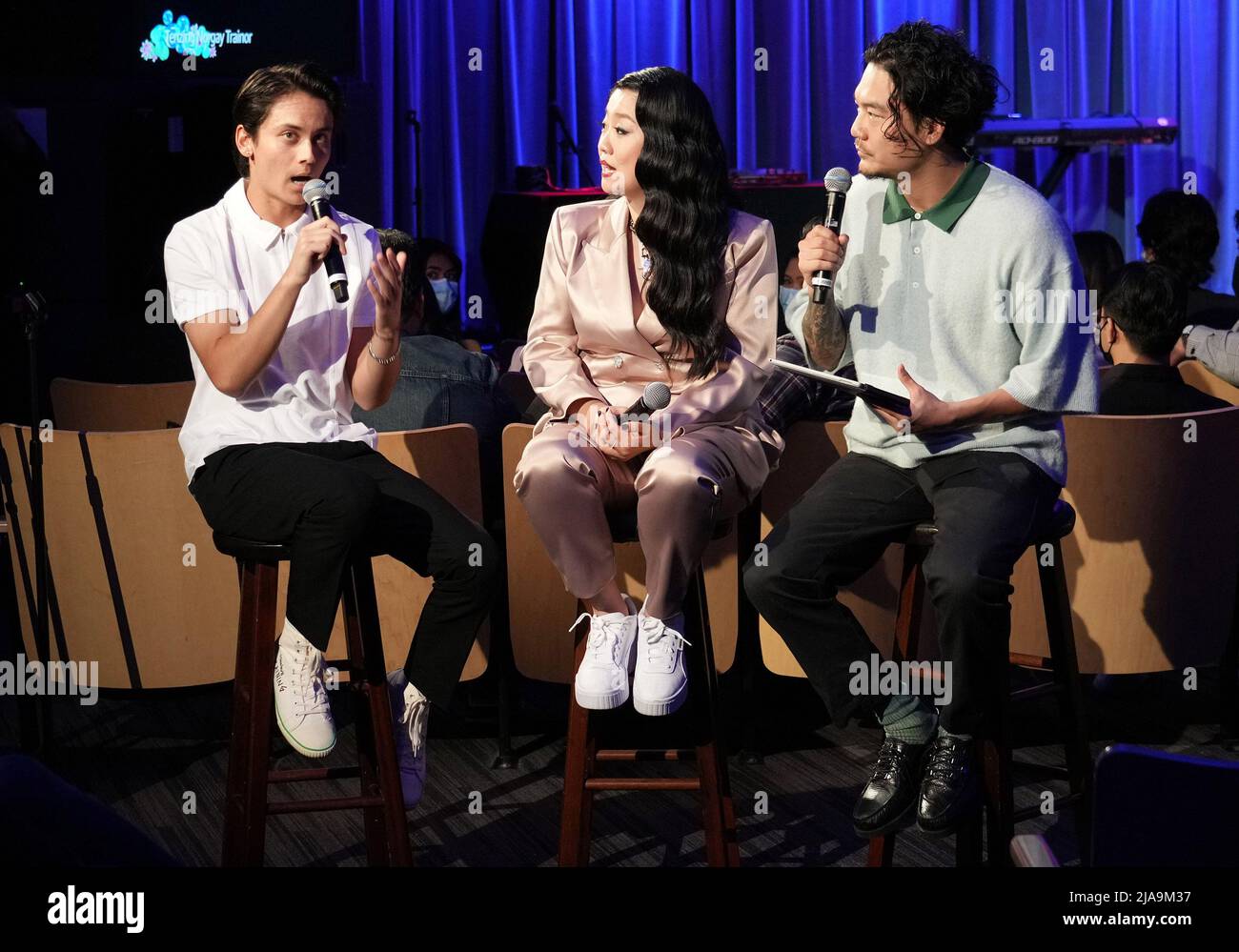 (L-R) Tenzing Trainor, Sherry Cola and Dumbfoundead at IDENTITY 2022 held at the Grammy Museum ...