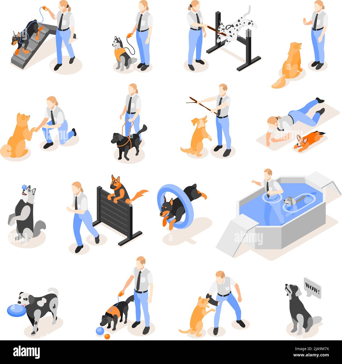 Dog school isometric collection of isolated icons with human characters ...