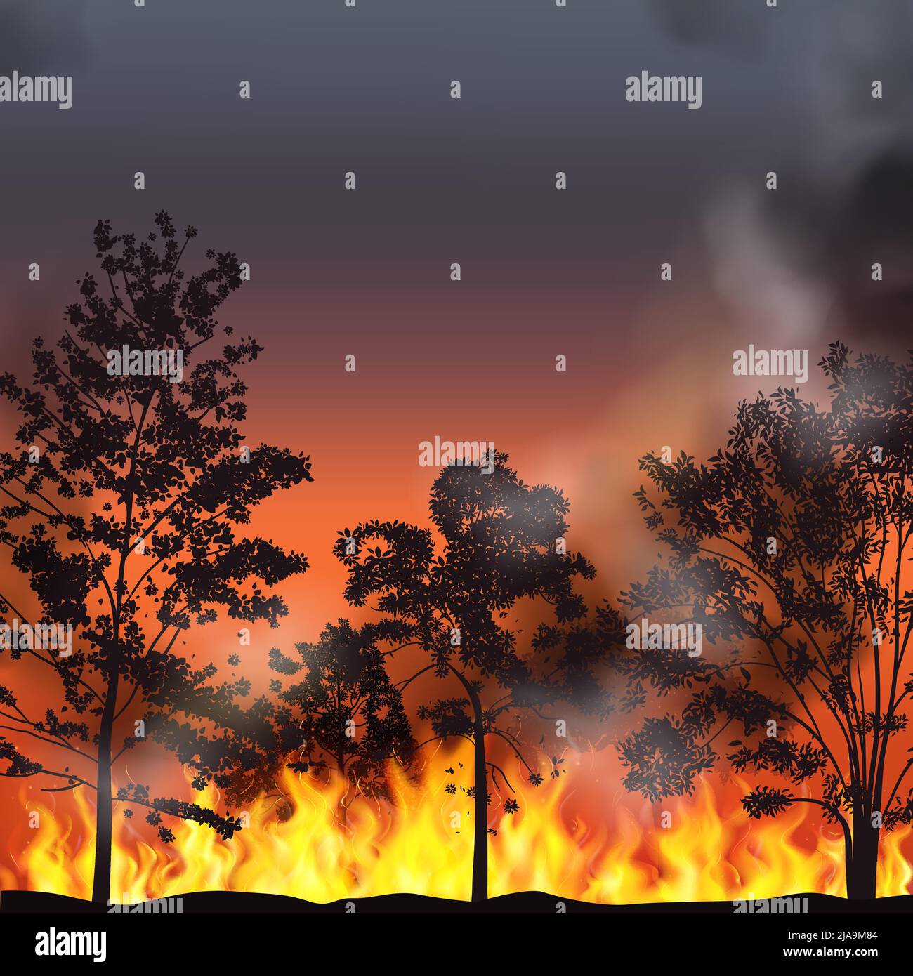 Forest fire realistic background with with burning trees smoke and red ...
