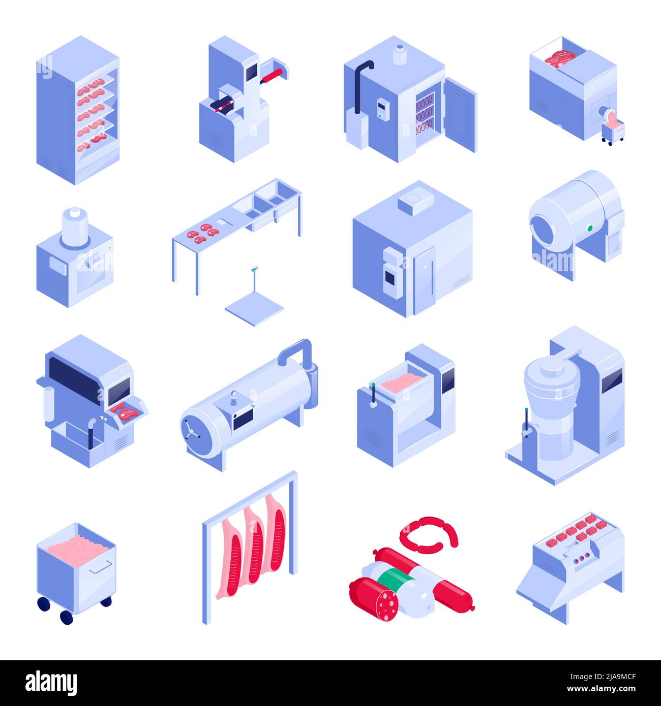 Meat processing factory equipment raw and finished products isometric ...