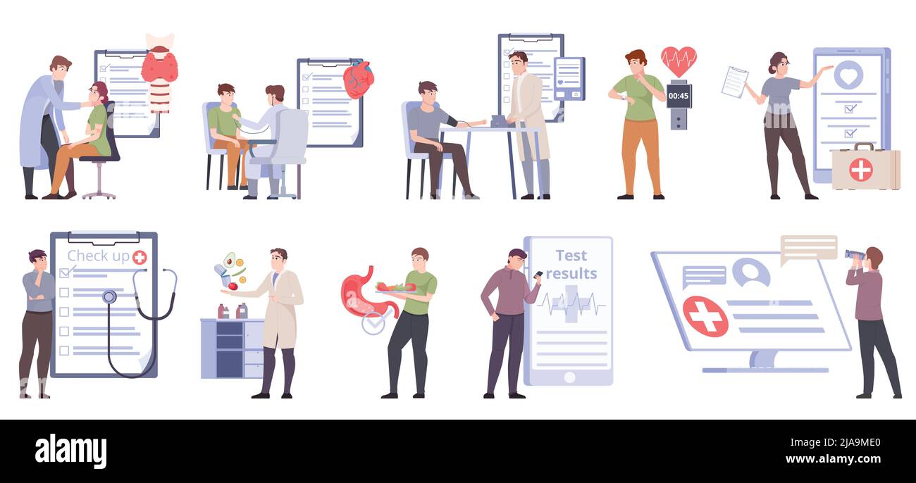 Preventive medicine flat set with people having medical check up ...