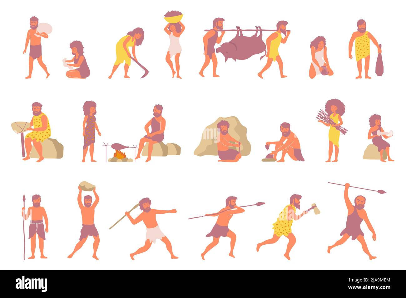 Set with isolated primitive people flat icons with men and women in ...