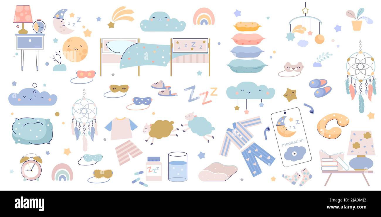 Sleeping set with flat isolated icons of bedroom furniture sleep ...