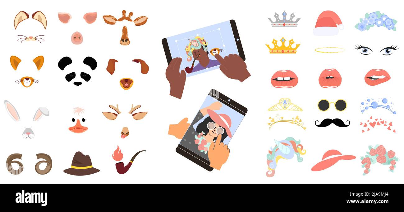 Photo selfie filter set of flat isolated cartoon face masks ears hats ...