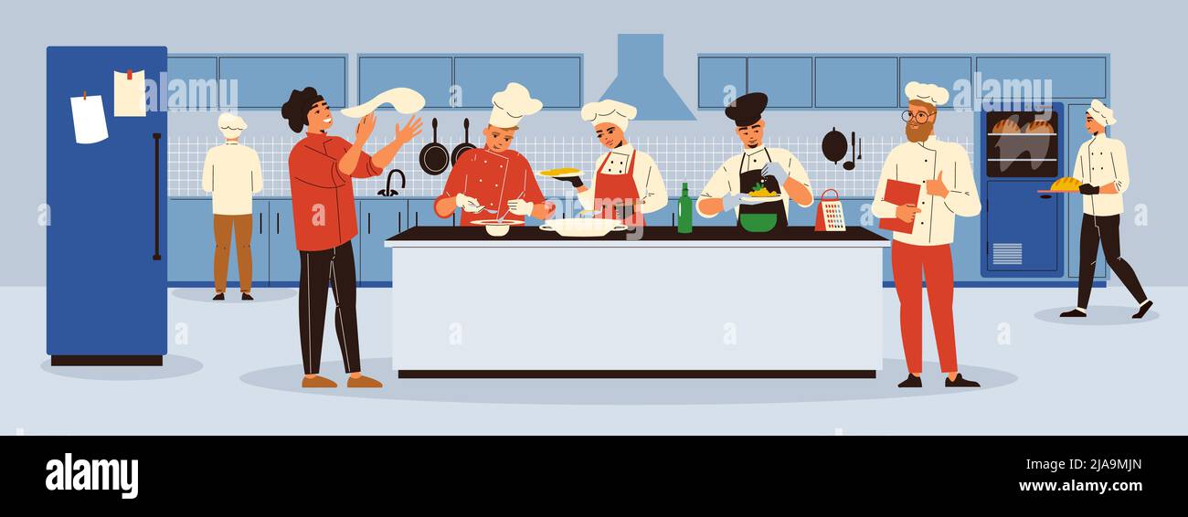 Professional cooking horizontal illustration with group of cookers ...