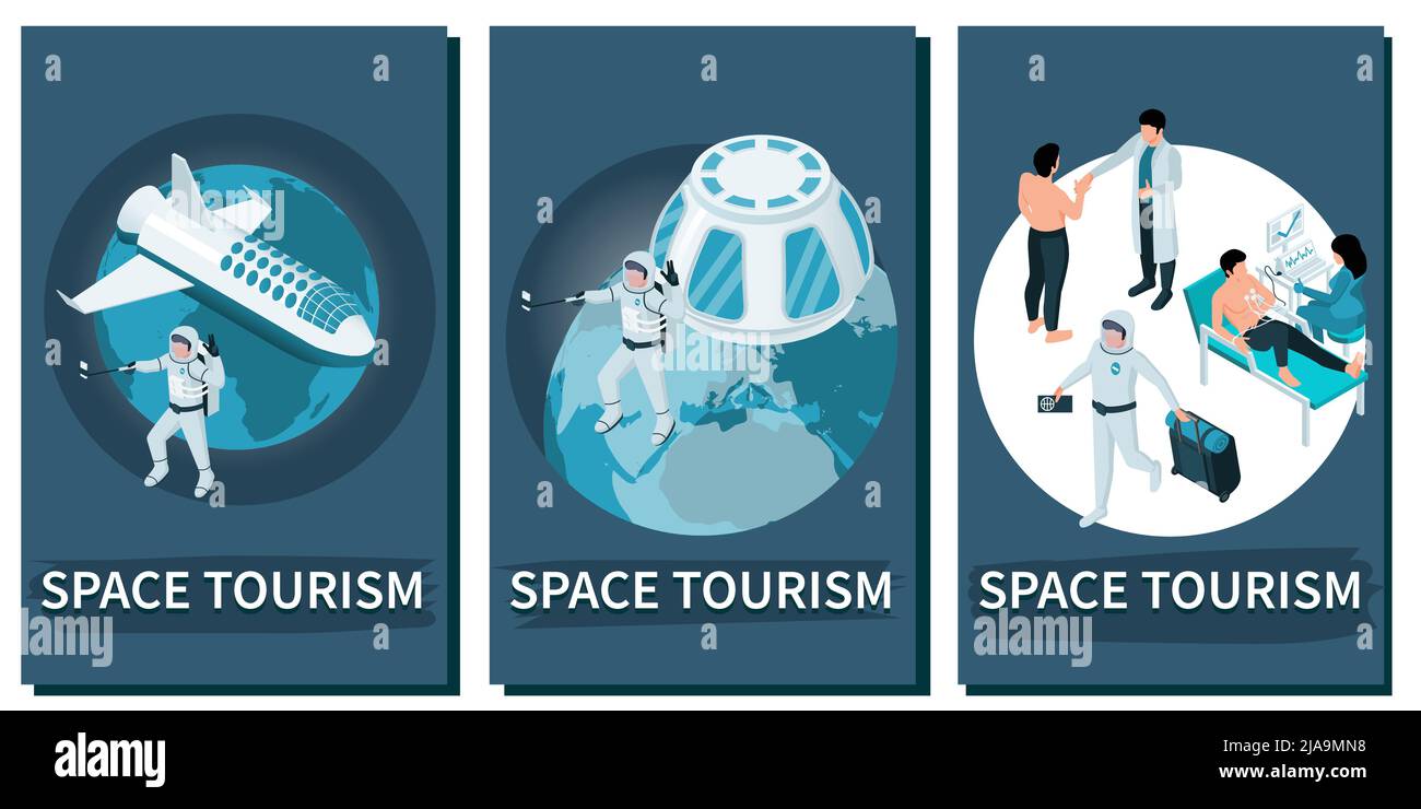 Space tourism isometric set of three vertical compositions with ...