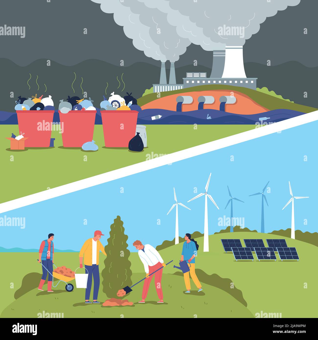 Ecology pollution composition with views of trash bins factory and ...