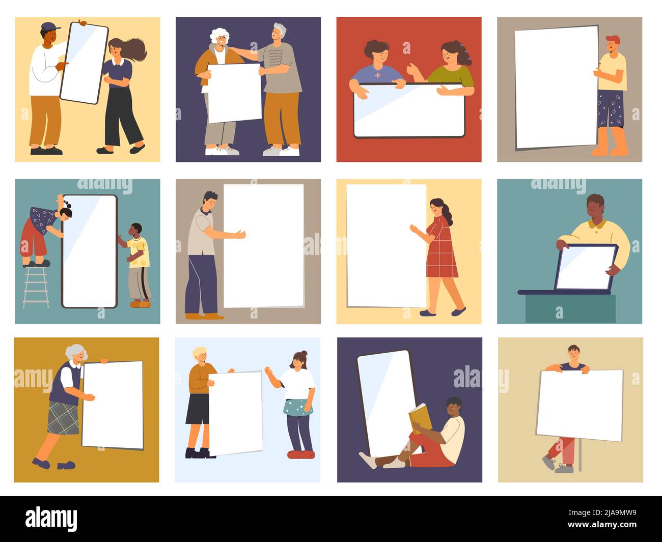 People banner set of flat square compositions with human characters of ...