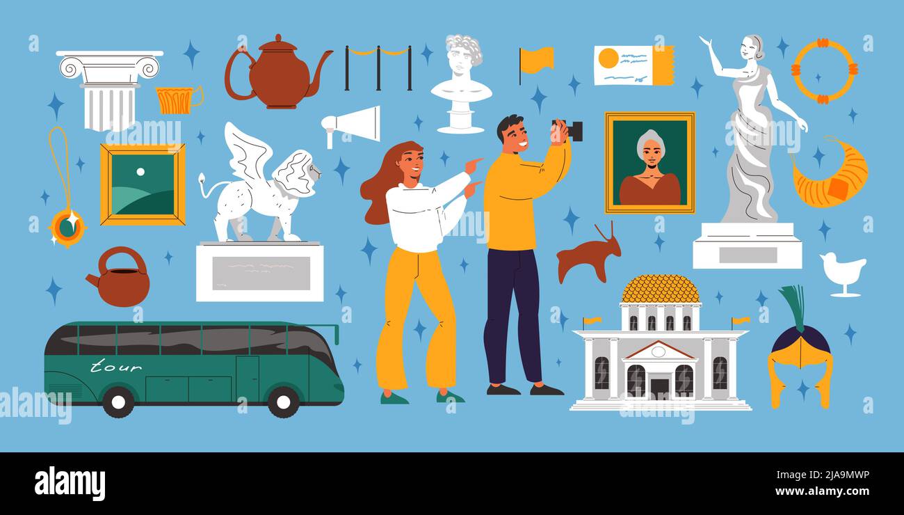 Tour guide flat set with ancient landmarks values excursion bus and ...