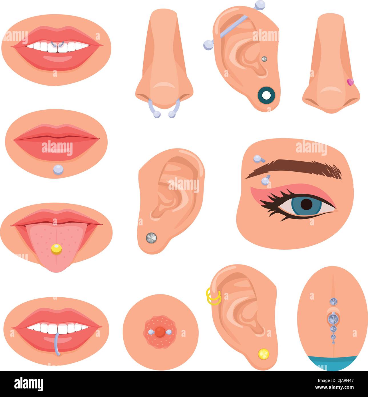 Piercing body flat set of isolated icons with parts of human body being ...