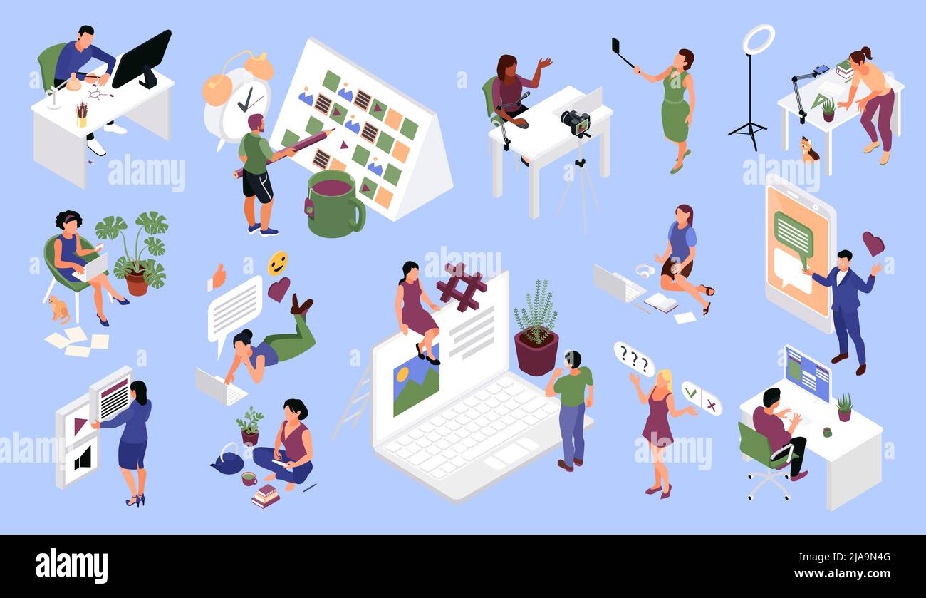 Content manager color set with editor and publisher isometric isolated ...