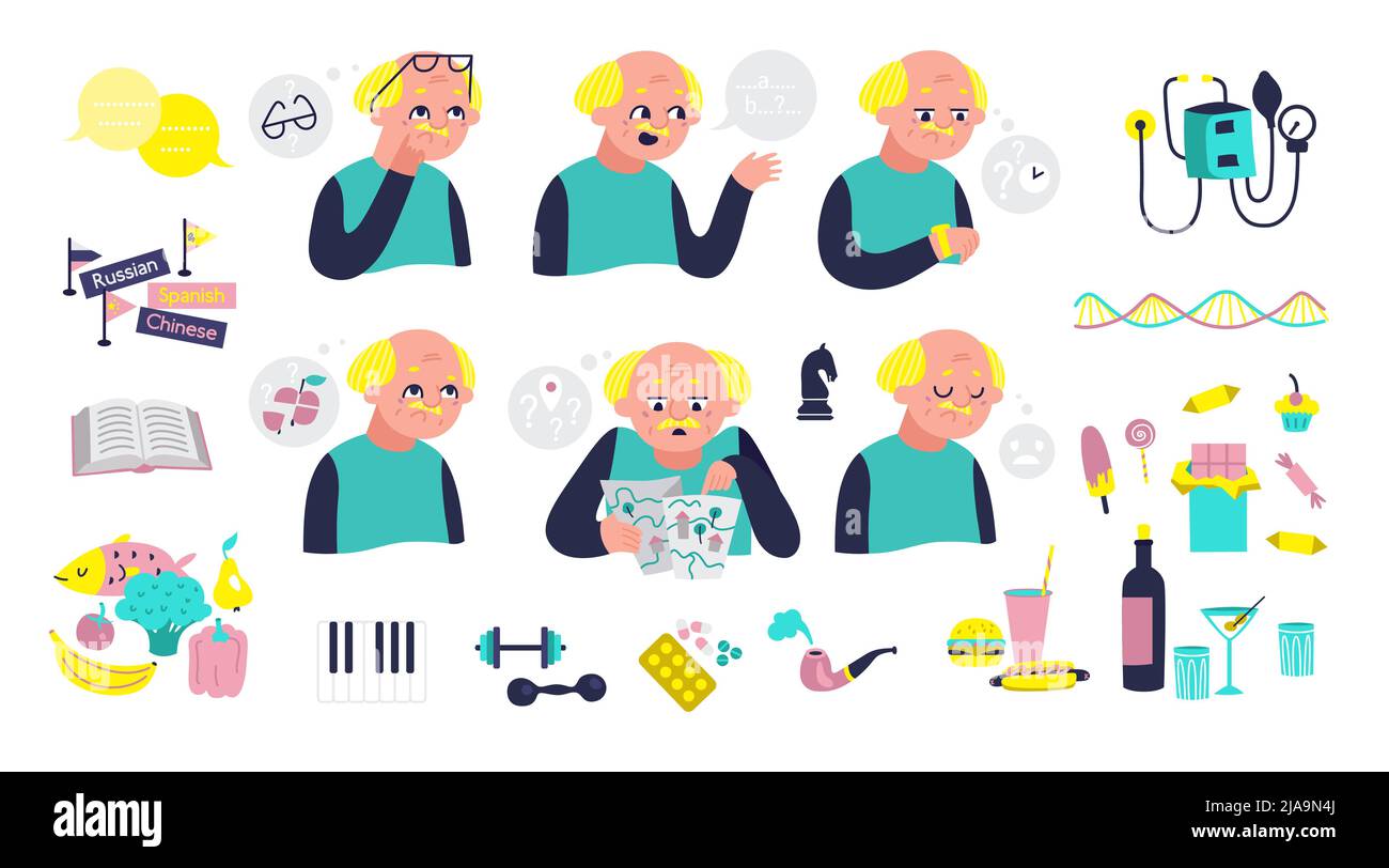 Alzheimer disease flat set with senior man suffering from dementia ...